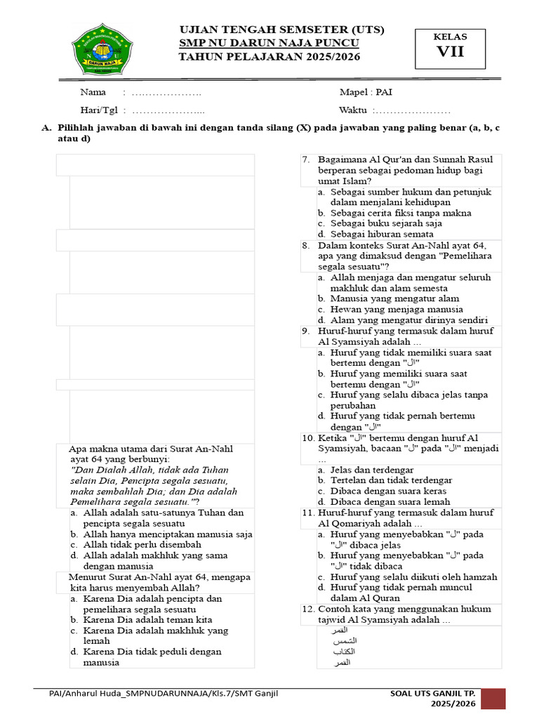 SOAL PTS PAI KLS 7 | PDF