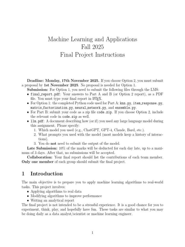FinalProject Description | PDF | Machine Learning | Learning