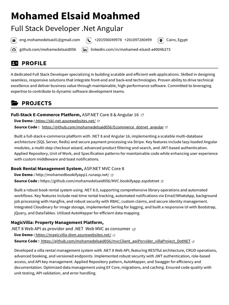 Mohamed Elsaid Moahmed Full Stack Dotnet Angular Cv.pdf | PDF ...