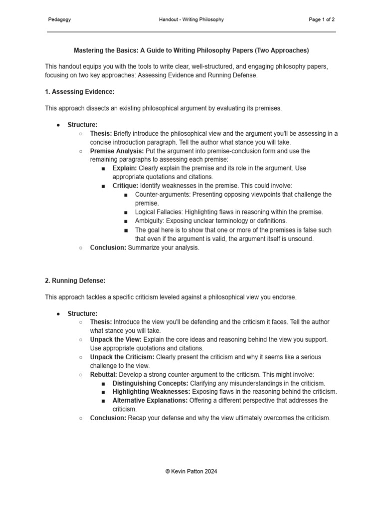 Handout - Writing A Philosophy Paper | PDF | Argument | Reason