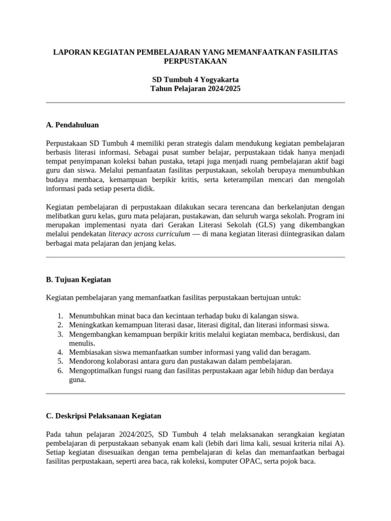 Pembelajaran Kreatif di Perpustakaan SD Tumbuh 4 | PDF