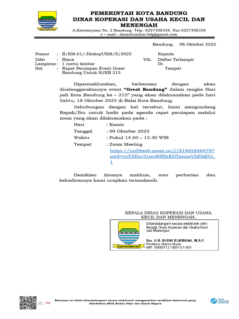 Draft Surat Undangan Zoom Meet Event Great Bandung | PDF