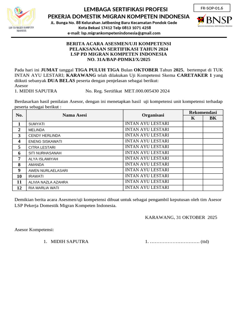 FR-SOP-01.6 Formulir Berita Acara.doc LSP PD MKI7.8.24 | PDF