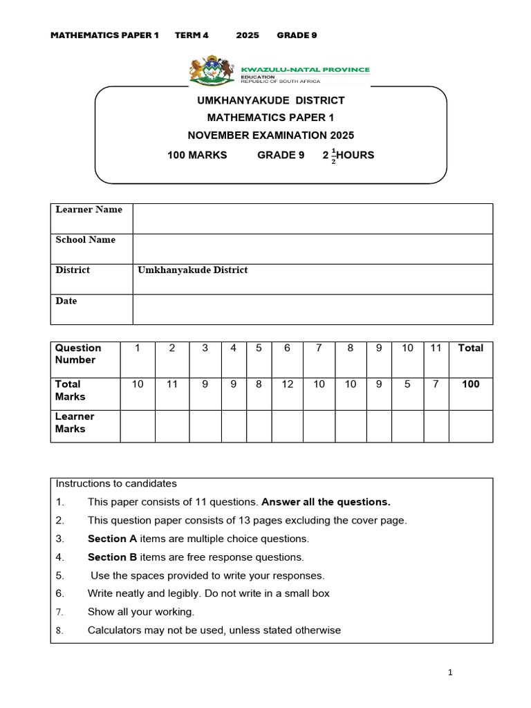 Grade 9 Mathematics Exam Paper 2025 | PDF | Factorization | Algebra