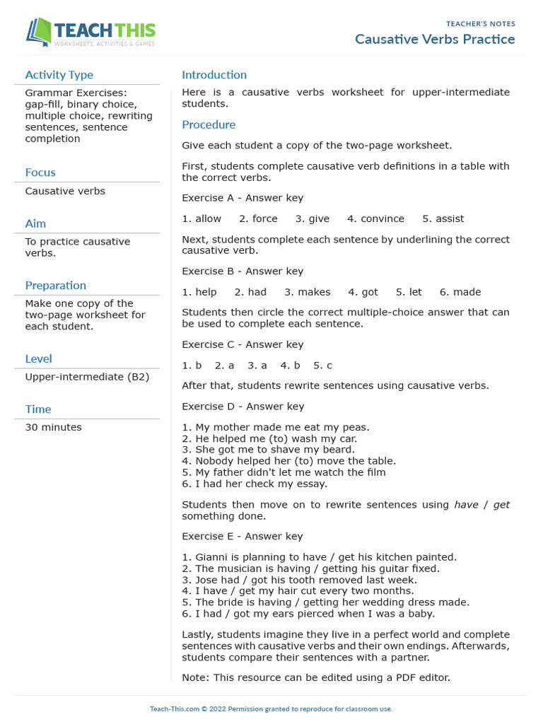 Causative Verbs Practice | PDF | Language Mechanics | Linguistics
