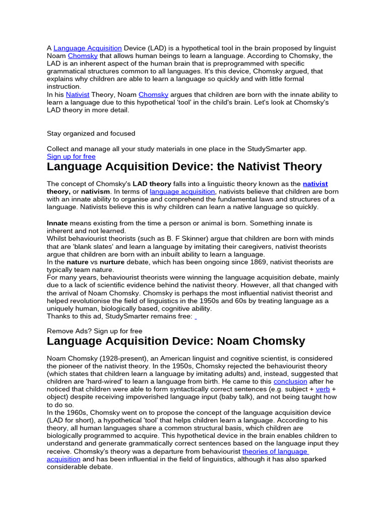 A Language Acquisition Device | PDF | Language Acquisition | Noam Chomsky