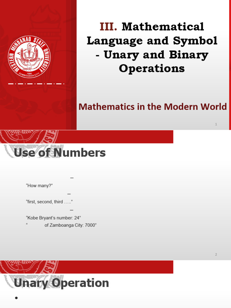 Mathematical Language and Symbol Unary and Binary Operations | PDF | Numbers | Subtraction