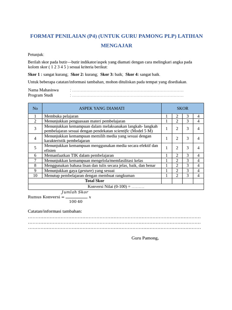 Format Penilaian Latihan Mengajar PLP | PDF