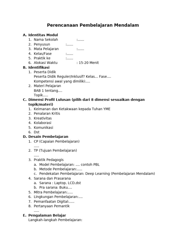 Contoh Format-template Perencanaan Pembelajaran Mendalam PPL I FTK | PDF