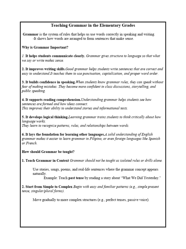Teaching Grammar in The Elementary Grades | PDF | Subject (Grammar ...