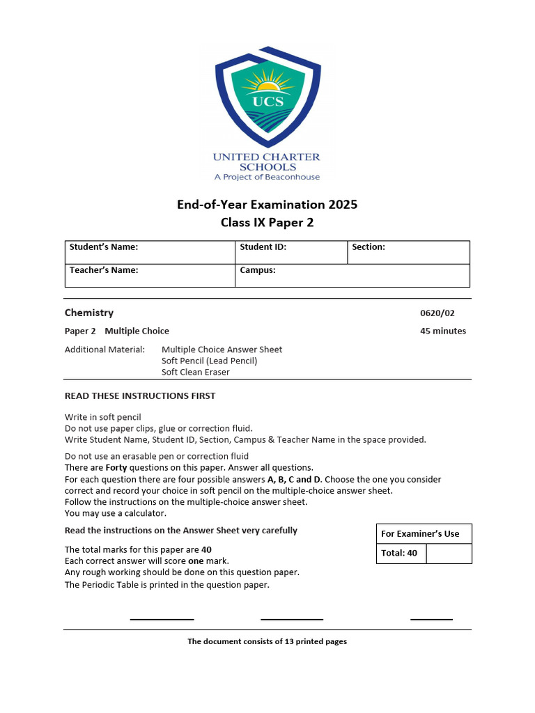 Class IX C - Chemistry (0620) EOY - Paper 2 - Student Copy | PDF | Acid | Hydroxide