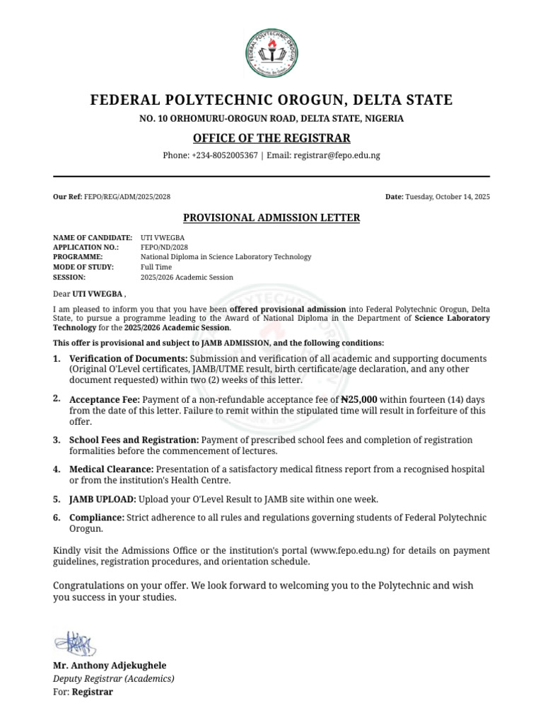 Provisional Admission Letter - Federal Polytechnic Orogun | PDF