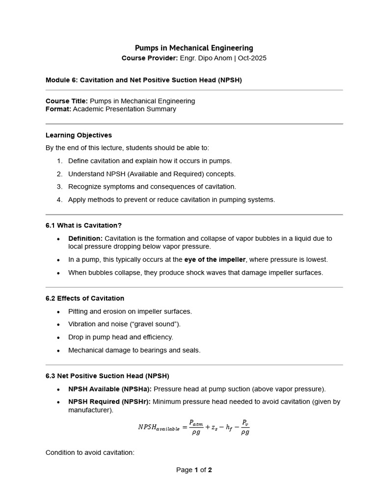 Module 6 Cavitation and Net Positive Suction Head (NPSH) | PDF | Pump ...