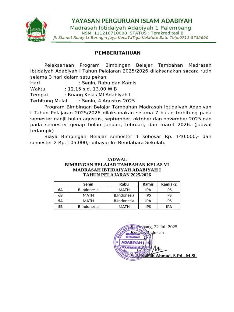 Bimbingan Belajar MI Adabiyah I 2025/2026 | PDF