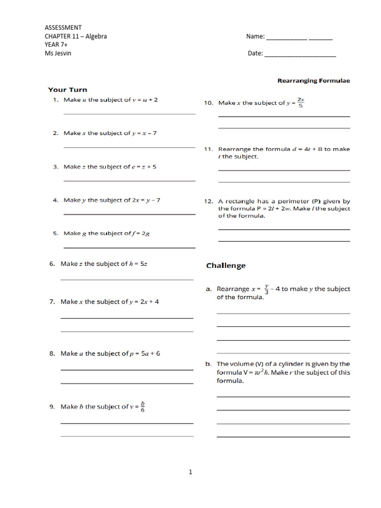 Algebra Worksheet | PDF