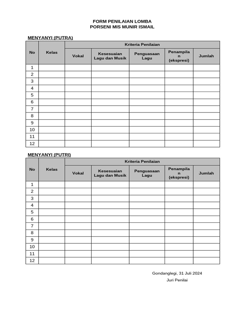 Form Penilaian Lomba | PDF