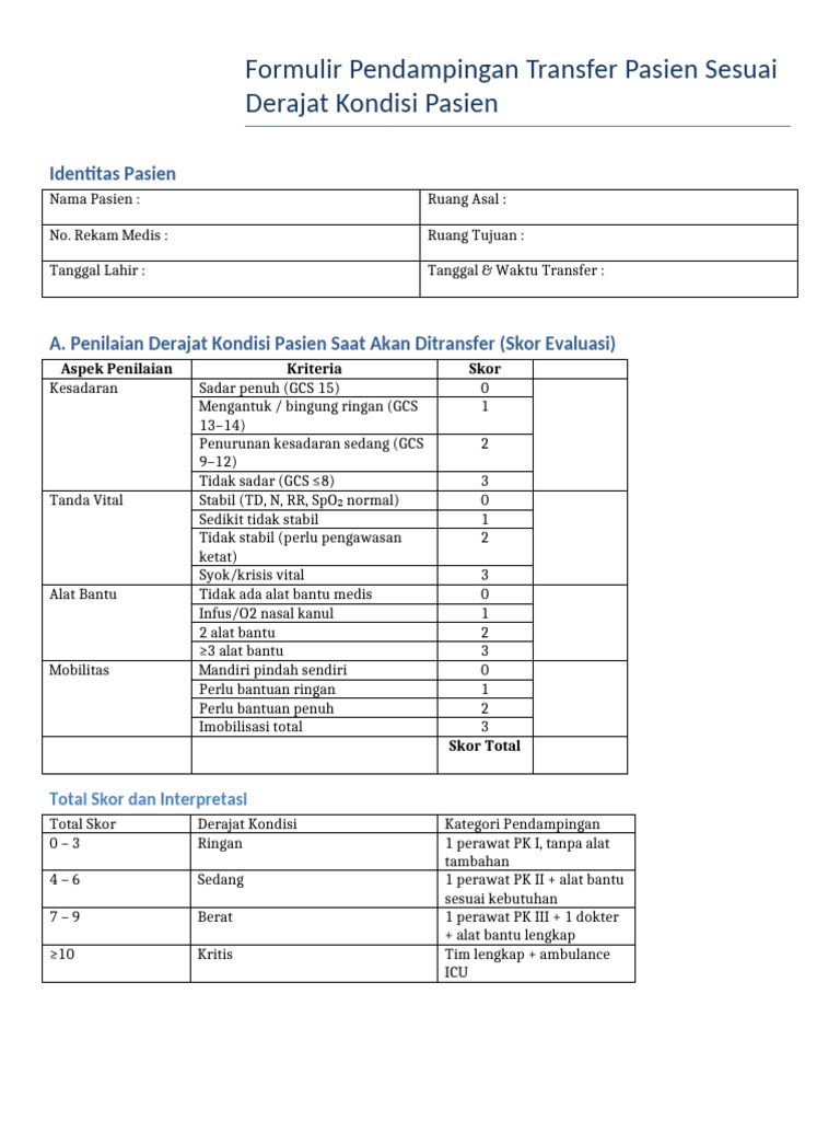 Formulir Transfer Pasien Skor | PDF
