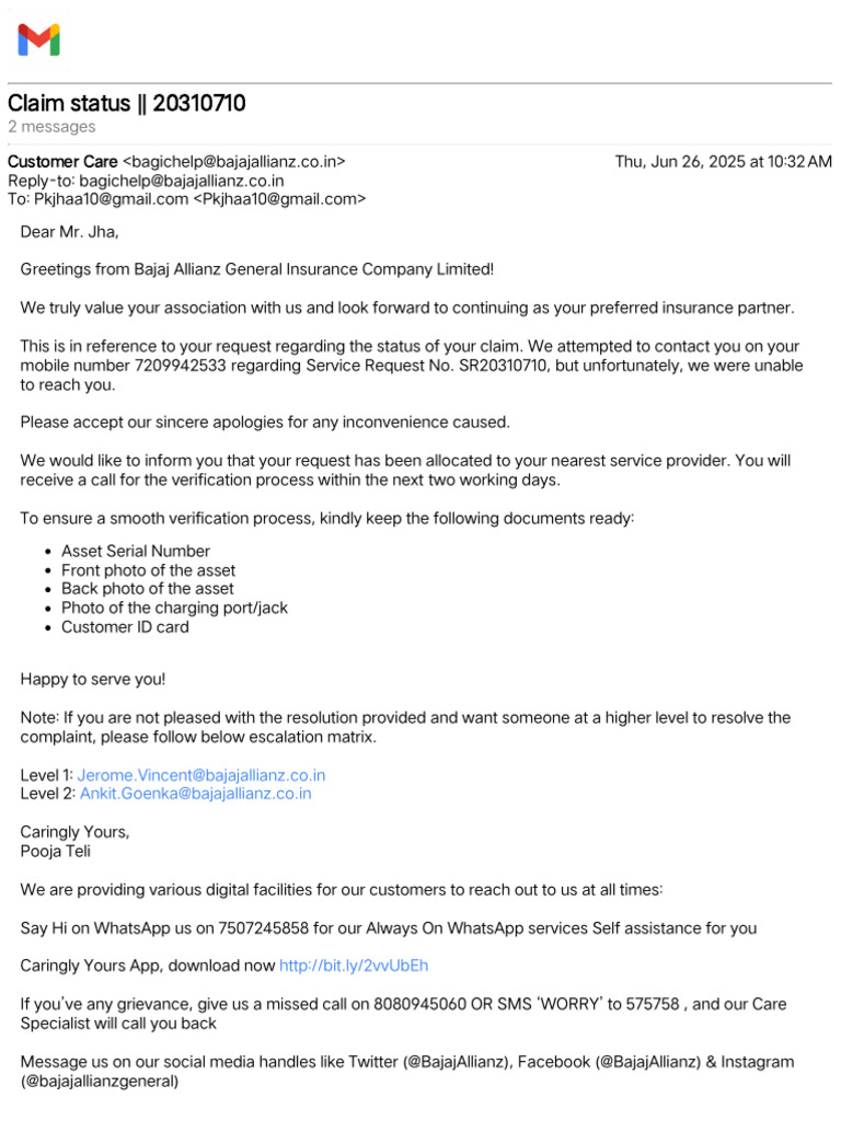 Gmail - Claim Status - 20310710 | PDF