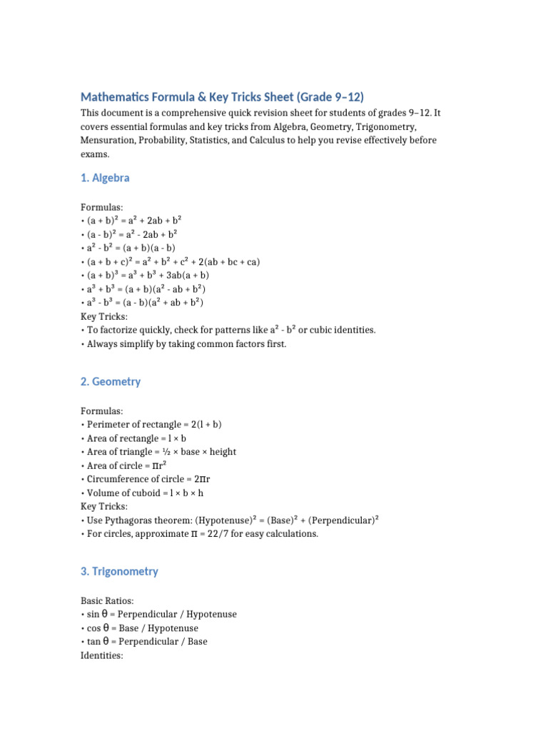 Essential Math Formulas for Grades 9-12 | PDF | Area | Volume