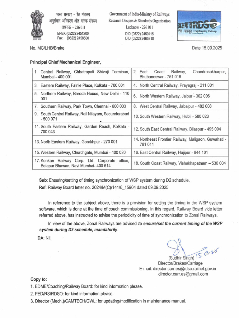 RDSO Letter Dated 15.09.2025 To ZRs Reg Time Setting of WSP System in ...