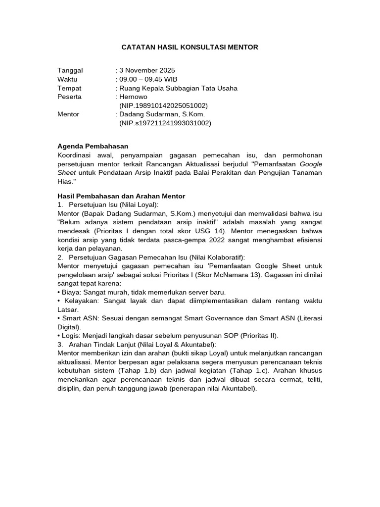 Catatan Hasil Konsultasi Mentor | PDF