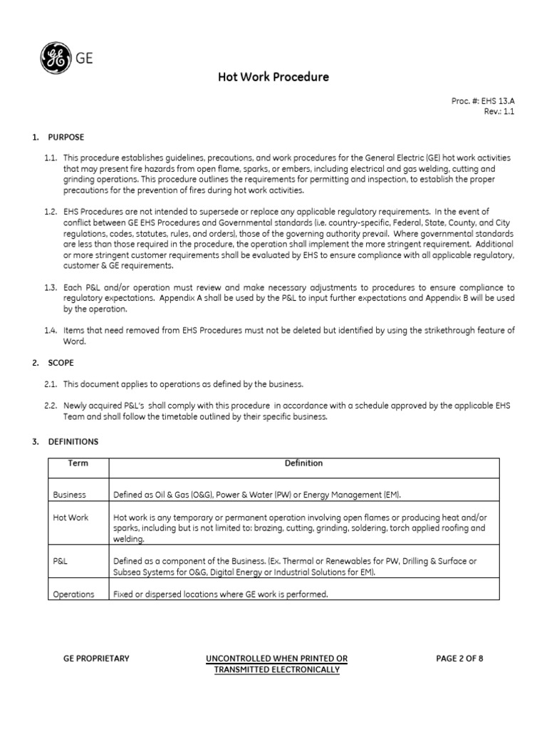 GE Hot Work Safety Procedure Guide | PDF | Fires | Occupational Safety ...