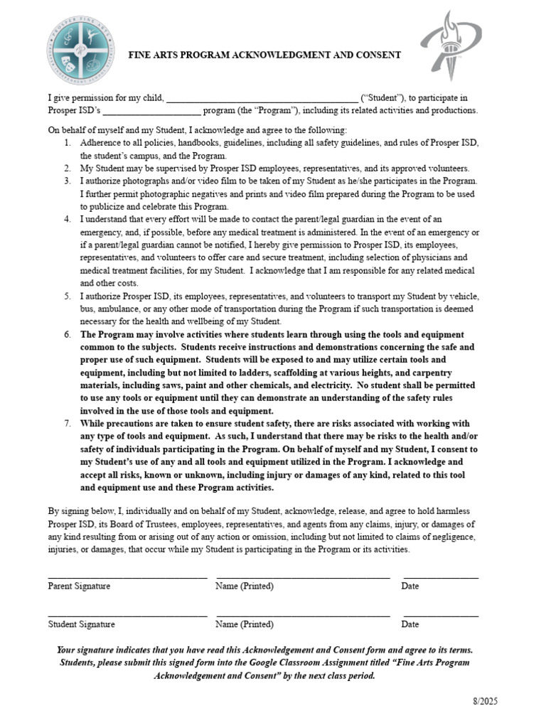 Fine Arts Program Acknowledgment and Consent | PDF