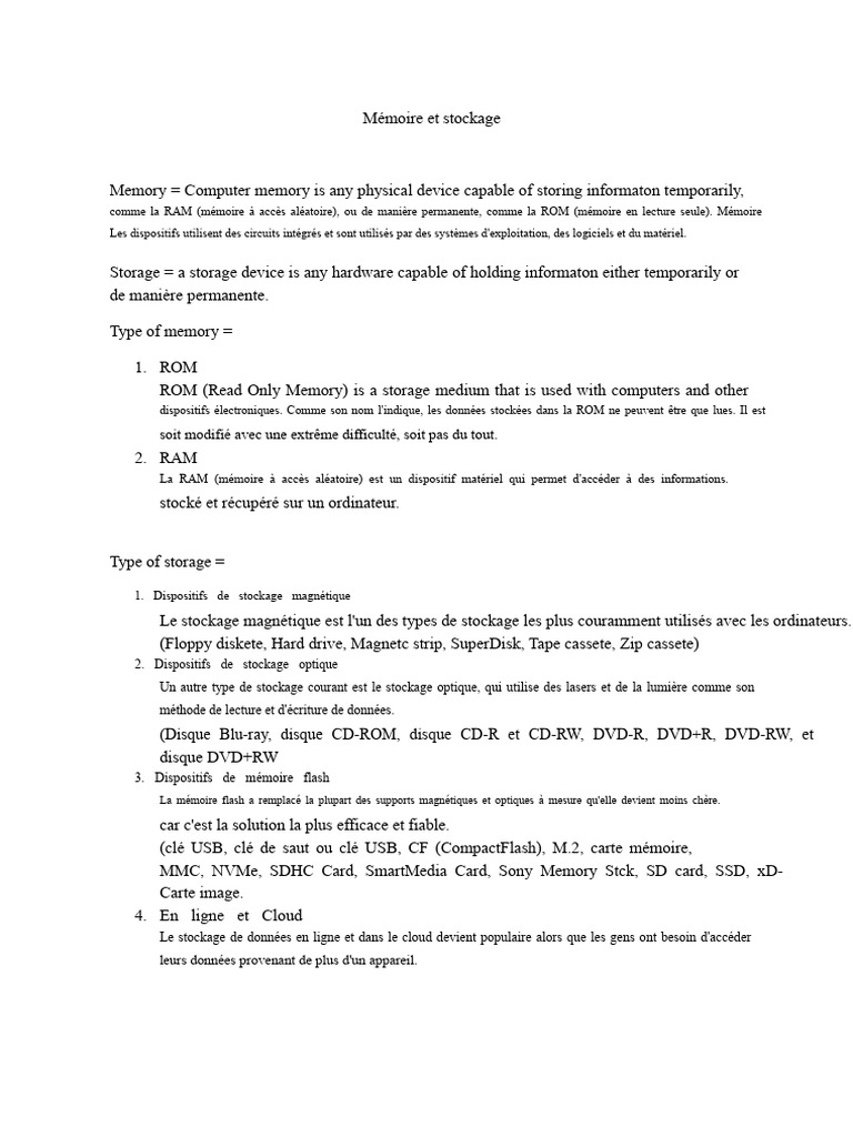 Mémoire et stockage : différences clés | PDF | Mémoire (informatique ...