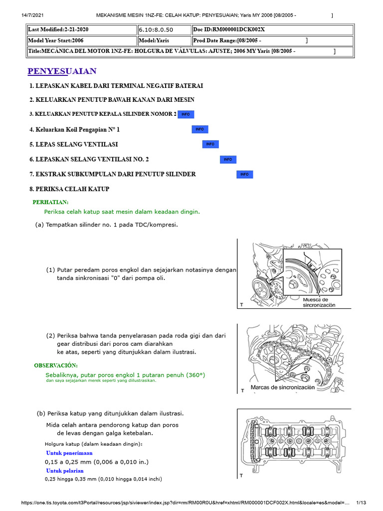 Penyesuaian Celah Katup 1NZ-FE Yaris 2006 | PDF