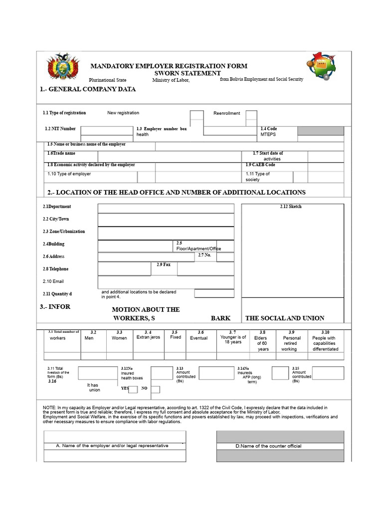 Bolivia Employer Registration Form | PDF | Employment | Business
