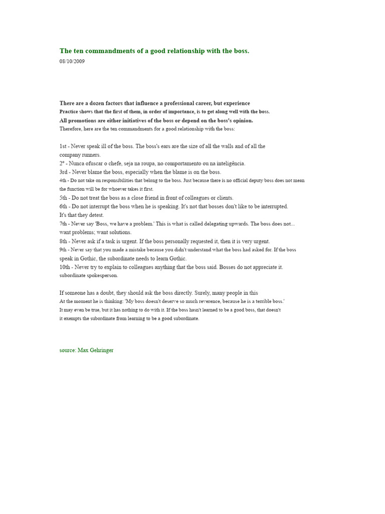 The Ten Commandments of Good Behavior With The Boss | PDF