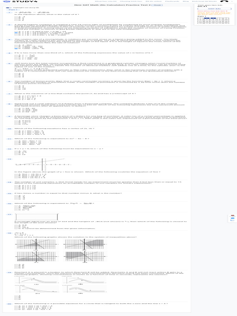 New SAT Math (No Calculator) Practice Test 2 - STUDY4 | PDF | Volume ...