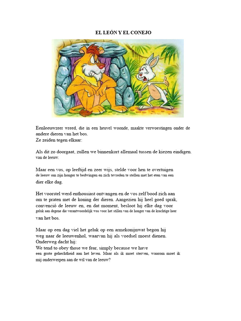 Fabel - Samenvatting - DE LEEUW EN DE KONIJN | PDF