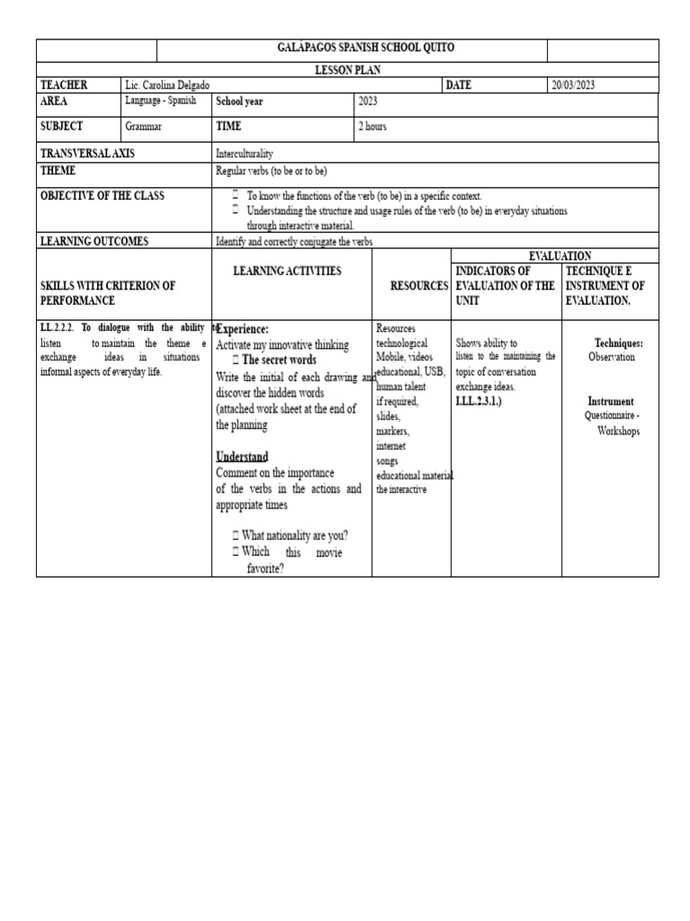 Lesson plan for the verb to be (ser or estar) | PDF | Grammatical ...