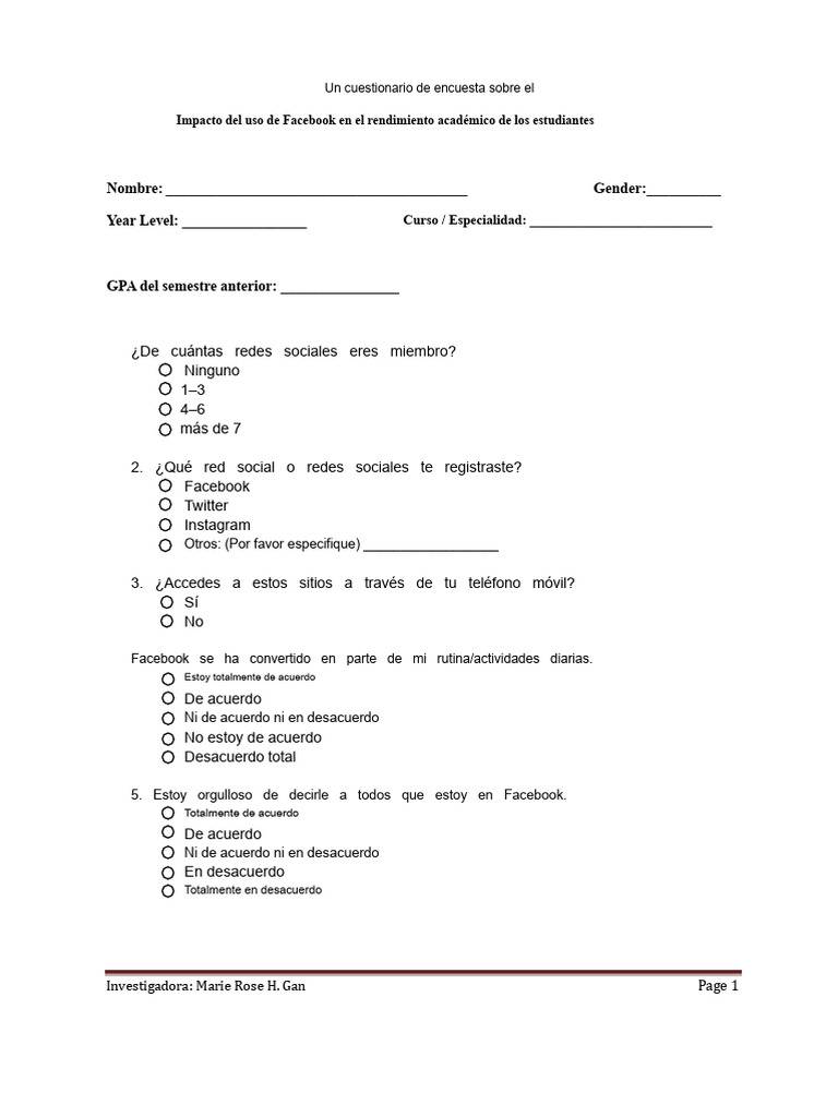 Cuestionario de Encuesta - Tesis de Rosey | PDF | Facebook ...