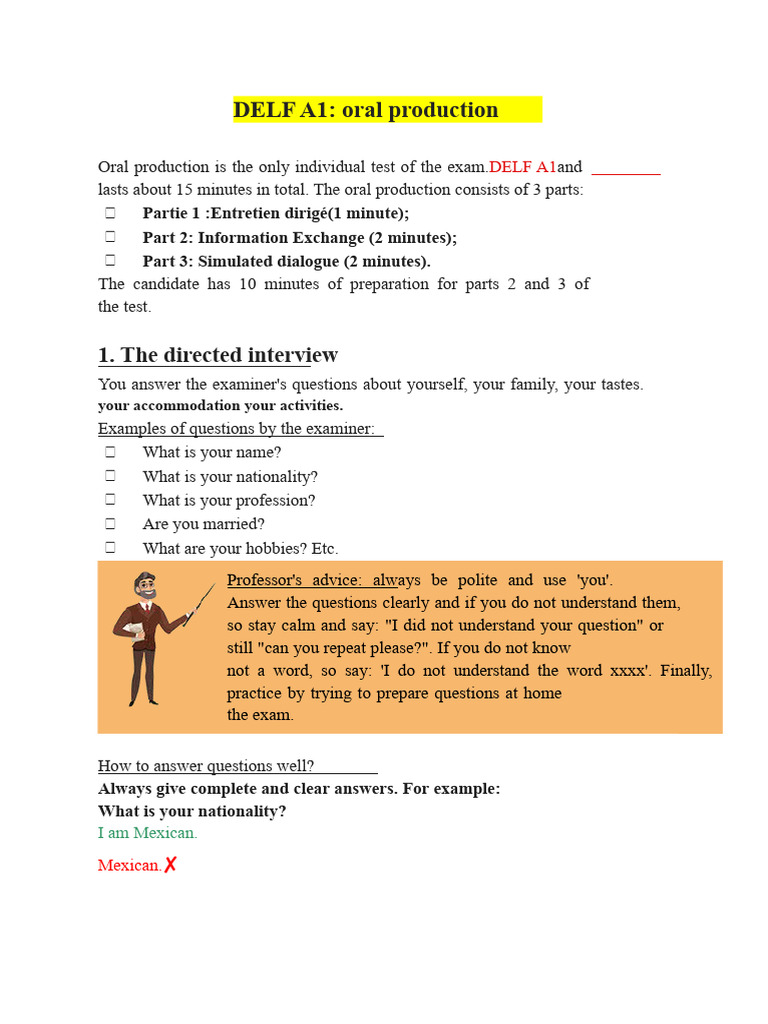DELF A1 Oral Production Guide | PDF | Cash | Currency