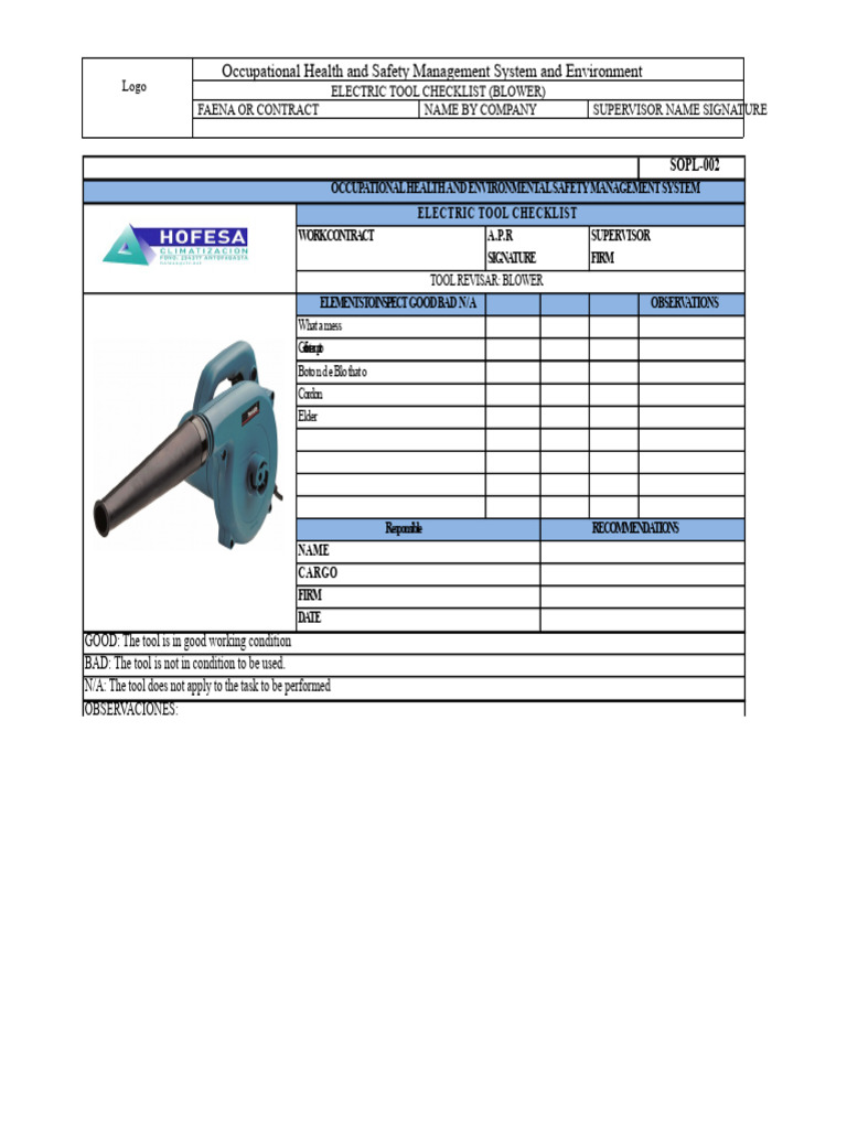 Electric Tool Safety Checklist: Blower | PDF