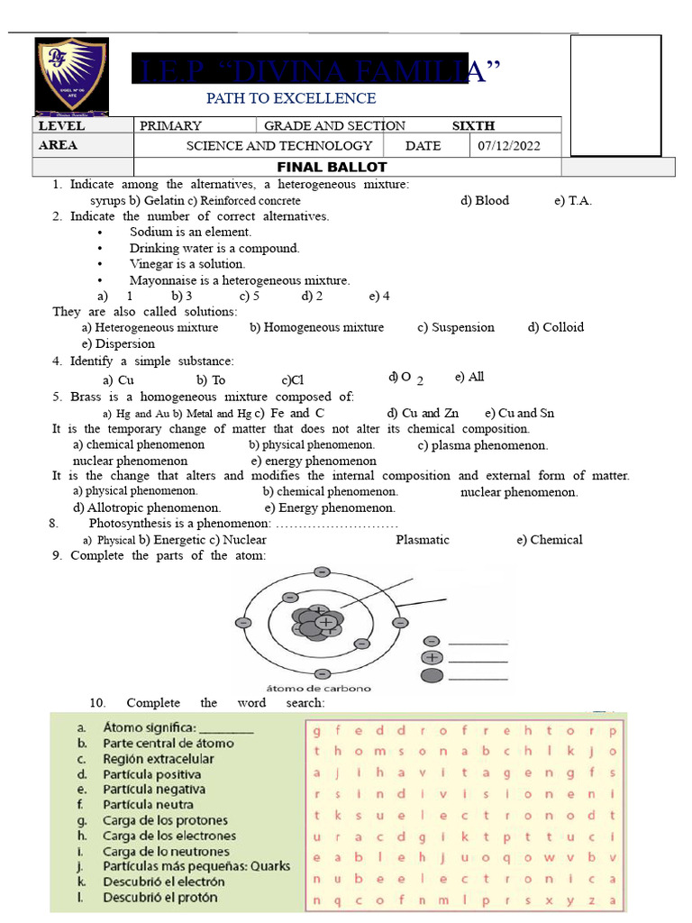Sixth Grade Science Final Exam | PDF | Chemical Substances | Chemistry