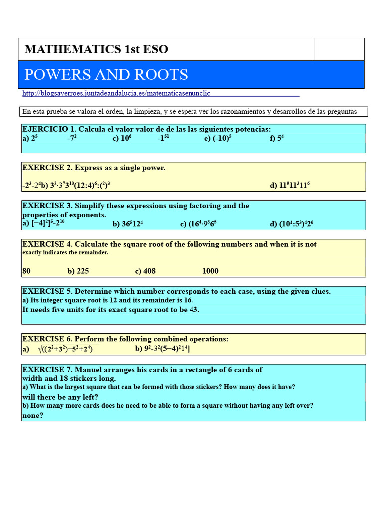 Powers and Roots Exercises for 1st ESO | PDF