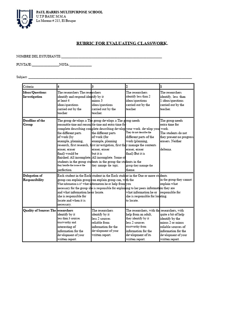 Rubric For Written Works of 7th and 8th Grade. | PDF