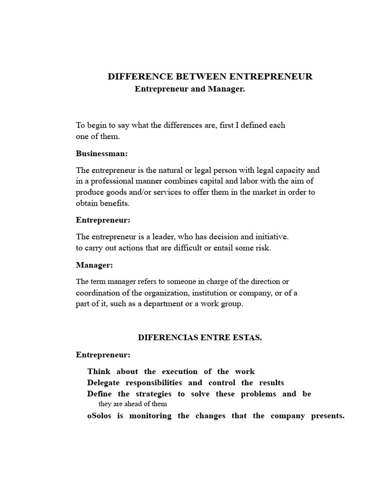 Difference Between Entrepreneur, Businessman, and Manager | PDF ...