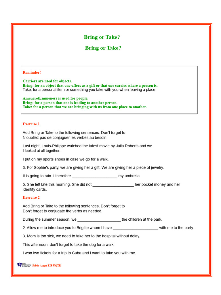 Bring, Take, Bring or Take Exercises and Corrections | PDF