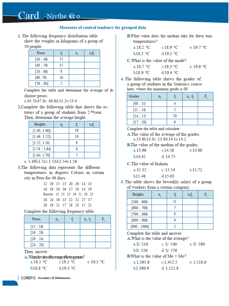 2018 Mat2s U7 Sheet Level Zero Measures of Central Tendency For Grouped ...