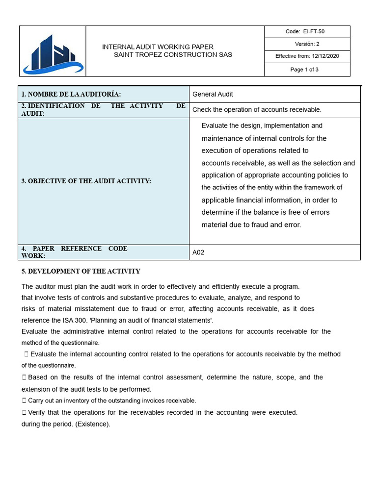 EI-FT-50 Internal Audit Work Paper Format - ACCOUNTS RECEIVABLE | PDF ...