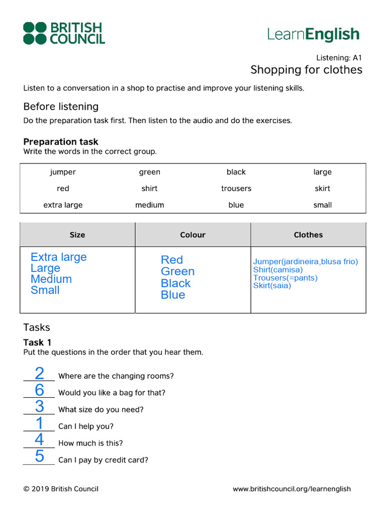 KARLA A. MELO - A1 - Listening - Shopping For Clothes | PDF