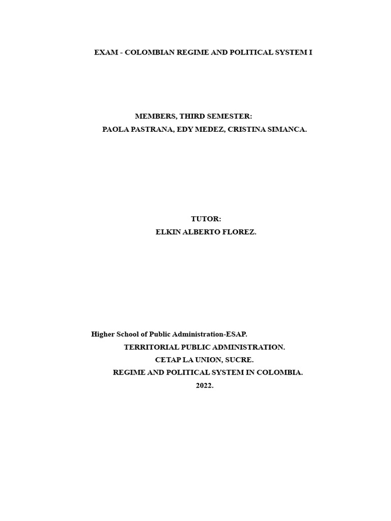 Exam on the Regime and Political System of Colombia I - ESAP | PDF ...