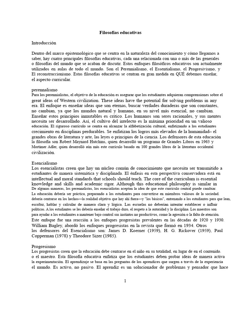 Filosofías Educativas: Enfoques Clave | PDF | Memoria | Aprendizaje