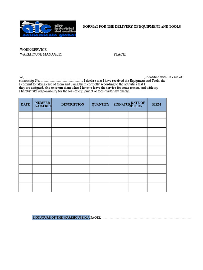 Equipment and Tools Delivery Format | PDF