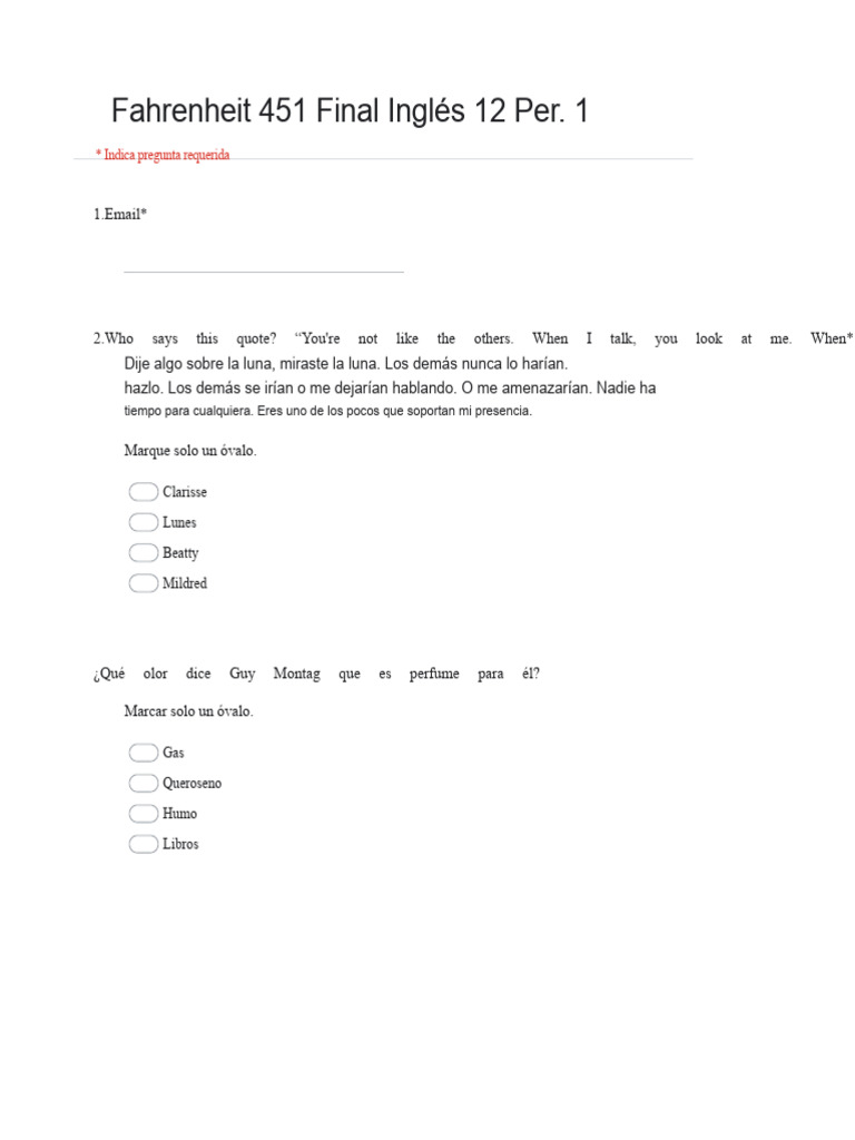 Fahrenheit 451 Examen Final Inglés 12 - Google Forms | PDF