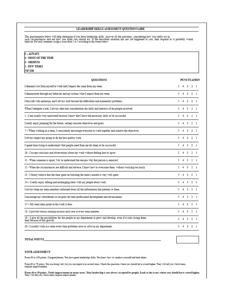 Leadership Skills Assessment Questionnaire | PDF | Leadership ...